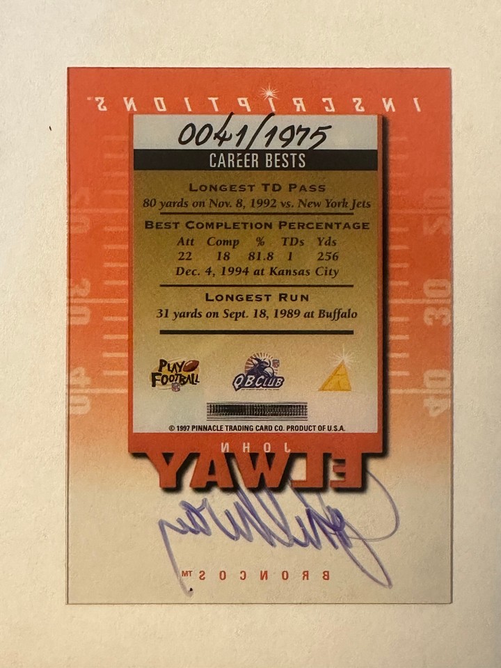 1997 Pinnacle Inscriptions John Elway 41/1975 Auto Autograph | eBay