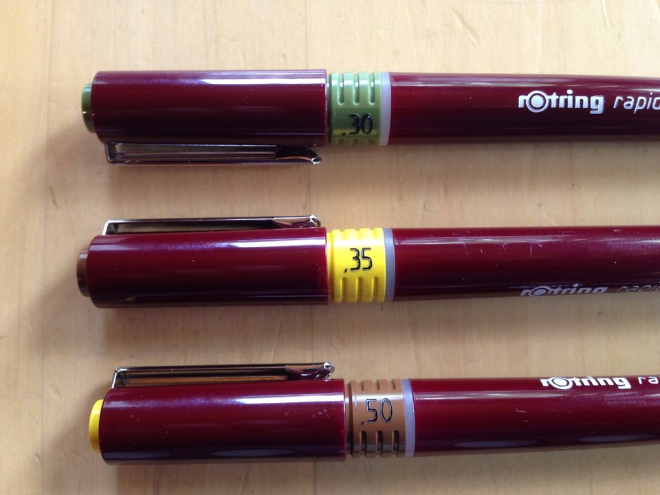 College Rotring Rapidograph 3 Pen Drawing Set, .30 .35 .50, Compass ...