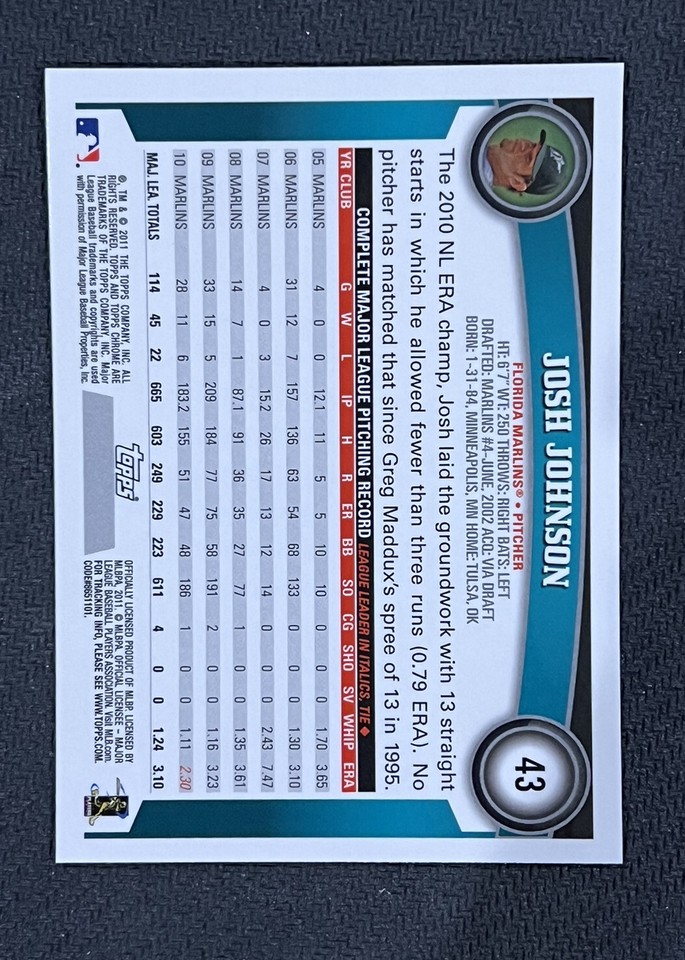 2011 Topps Chrome Baseball Refractor Josh Johnson Florida Marlins #43 ...