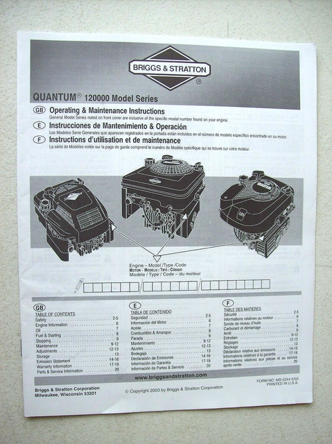 Original Briggs & Stratton Quantum 120000 Model Series Engine Operating ...