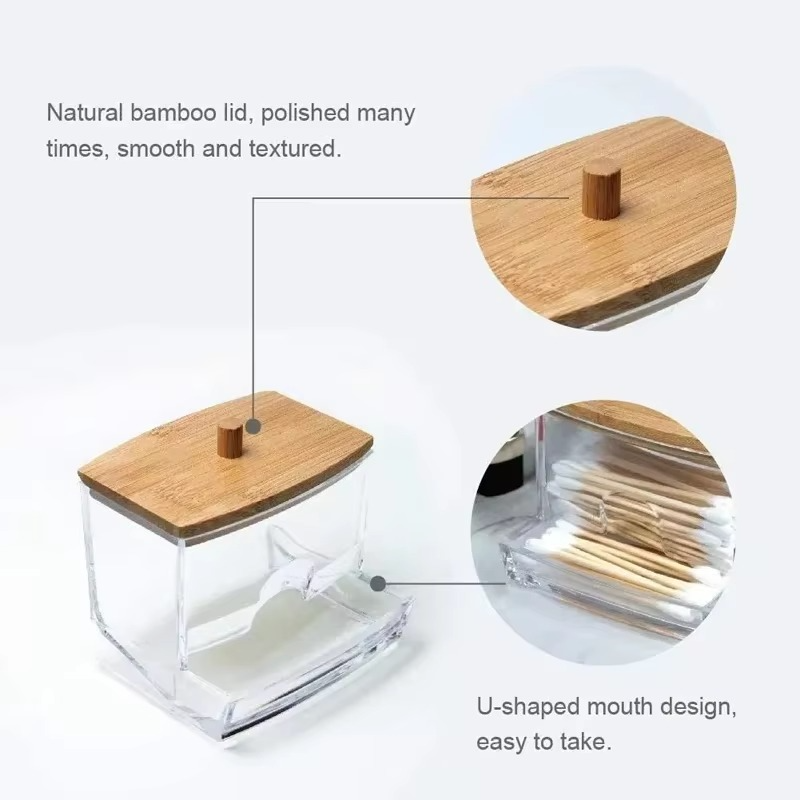Cotton Swab Storage Box Bamboo Lid Transparent Cotton Bud Holder UK ...