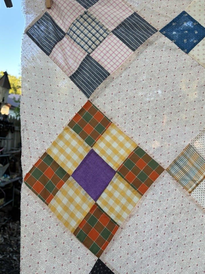 VTG Quilt TOP Hand Pieced Feed Sack Cotton Nine Patch On Point 76x76” Cutter | eBay