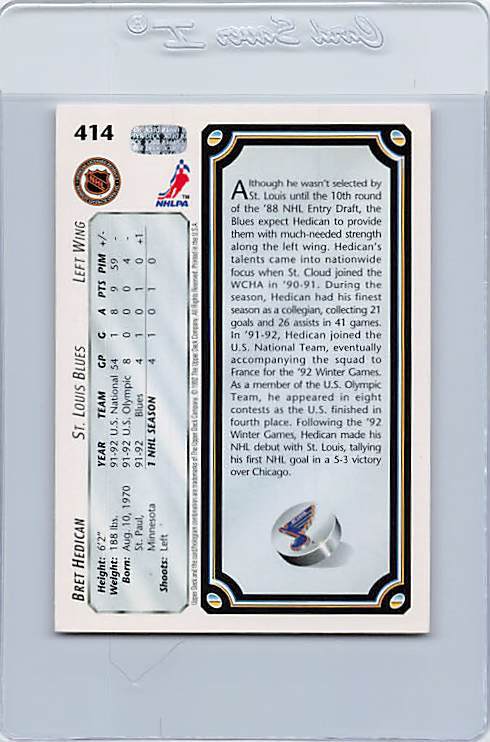 1992/93 Upper Deck #414 Bret Hedican Blues Signed Auto *G6597 | eBay