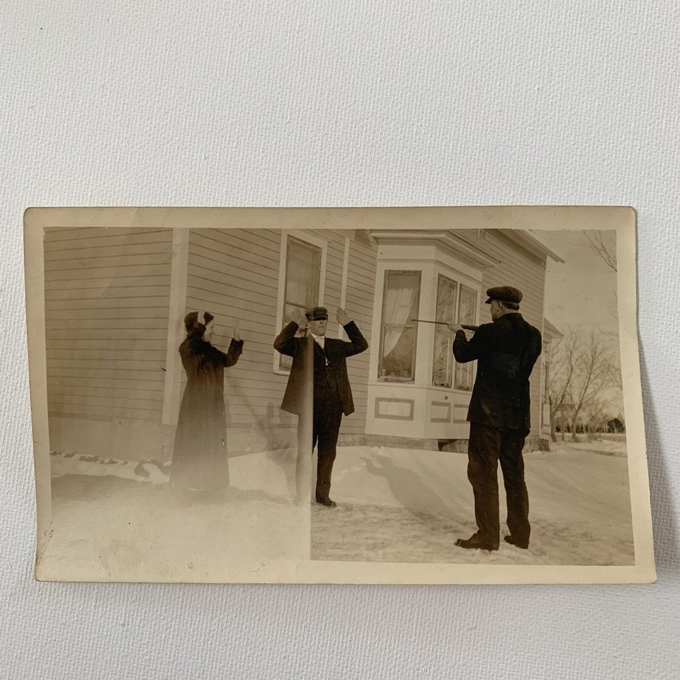 Antique B&W Snapshot Photo THIS IS A STICK UP Man Pointing Rifle Gun ...