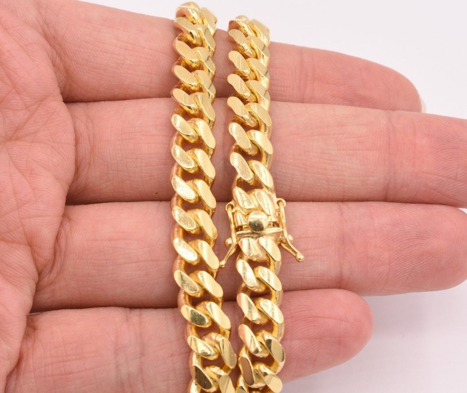9mm Miami Cuban Chain Box Lock Necklace Solid 14K Yellow Gold-Plated ...