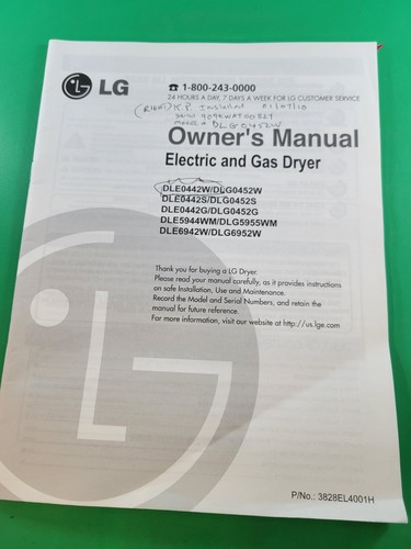 LG Electric and Gas Dryer Owner's Manual DLE2512W/DLG2522W, 24W, 25S | eBay