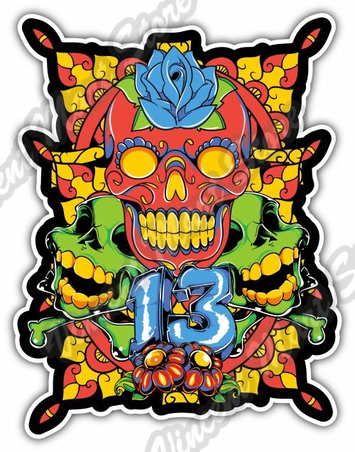 Lucky 13 Skull Flower Art Gift Car Bumper Tool Box Vinyl Sticker Decal ...
