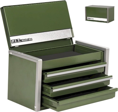 P.I.T. 3-Drawer Mini Tool Box Army Green–Steel Chest w/ Liner ...