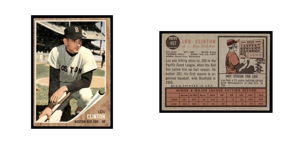 1962 Topps Baseball Card Lou Clinton Red Sox #457 | eBay