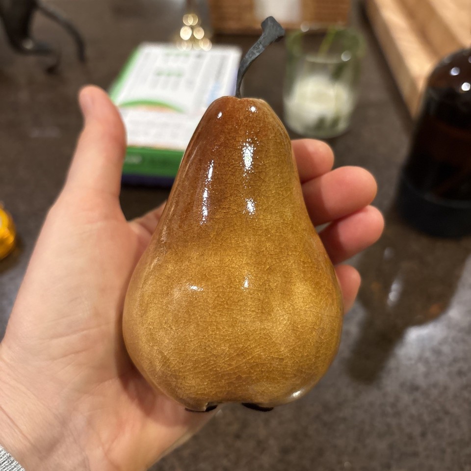 Decorative Set Pears Stoneware Glazed Dark Brown Metal Stem Faux Fruit ...