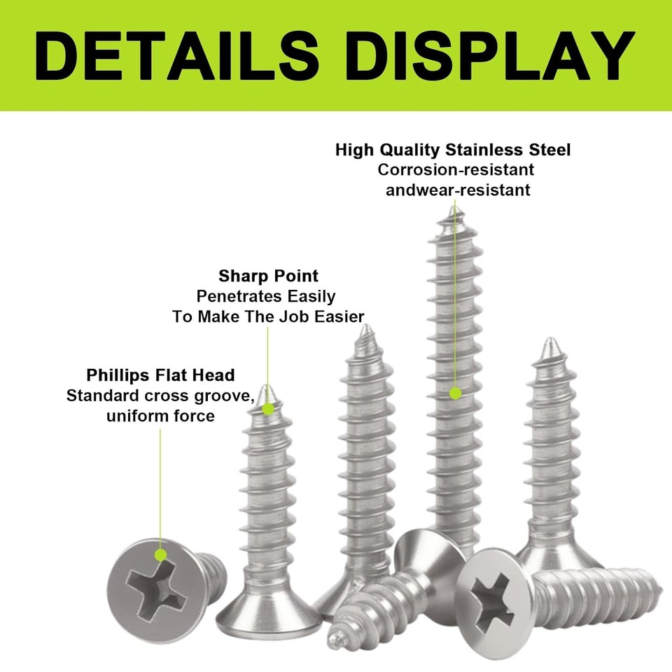 #4 Flat Head Small Wood Screws Assortment Kit, 420Pcs, Phillips Short ...