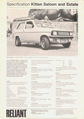 Reliant Kitten Specifications 1976-77 UK Market Single Sheet Brochure ...