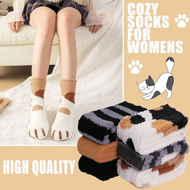 6 PAIRS WOMEN'S FUZZY WINTER FLUFFY COZY WARM CUTE CAT PATTERN PAW ...