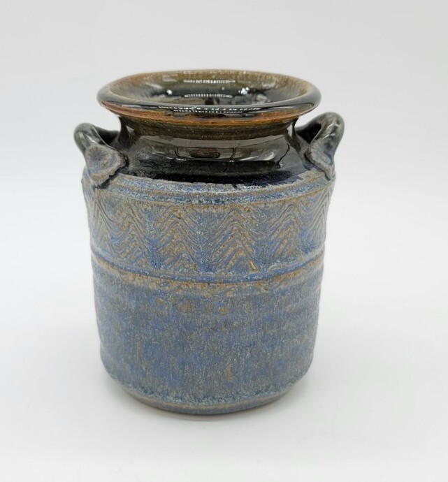 Vintage Studio Art Pottery Vase Handmade Dark Blue Etched Waves ~Artist ...