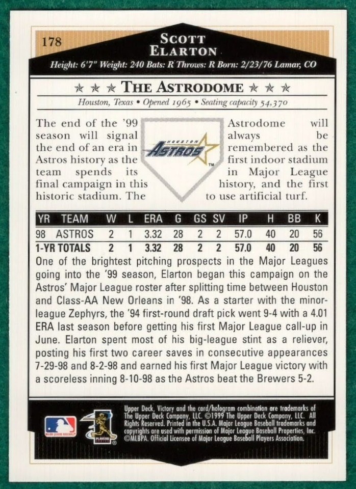 Scott Elarton - 1999 Upper Deck Victory #178 - Houston Astros Baseball ...