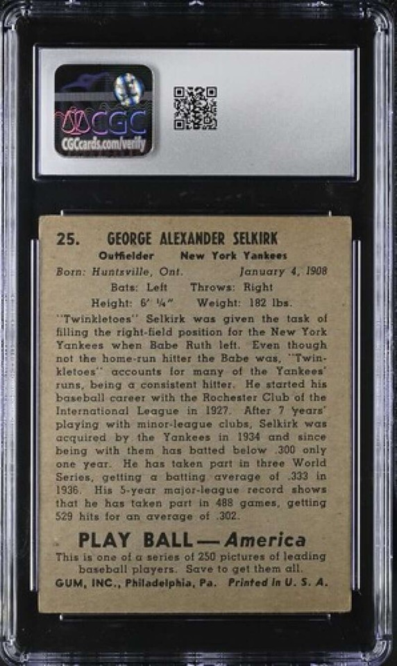1939 PLAY BALL #25 GEORGE SELKIRK CGC 4.5 VG/EX+ RC ROOKIE YANKEES 3061 ...