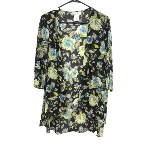 Floral Sheer Kimono Cardigan Duster PM Black Blue Green Boho Romantic ...