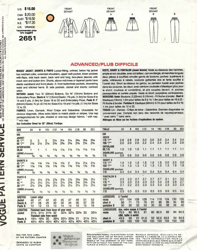 1990's VOGUE Misses' Jacket,Shorts,Pants DKNY Pattern 2651 Size 12-16 ...