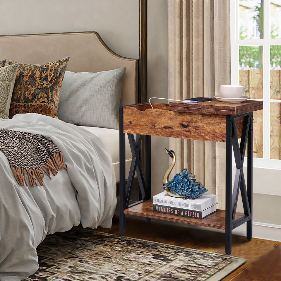 24" Sturdy End Table Flip-Open Top w/ Charger Drawer Console Hallway ...