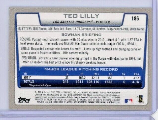 2012 Bowman Chrome #186 Ted Lilly - Los Angeles Dodgers - MINT | eBay