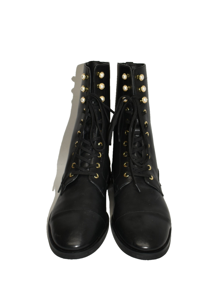 $750 Stuart Weitzman Laine Pearl Leather Combat Boot BLACK GOLD 11.5 ...