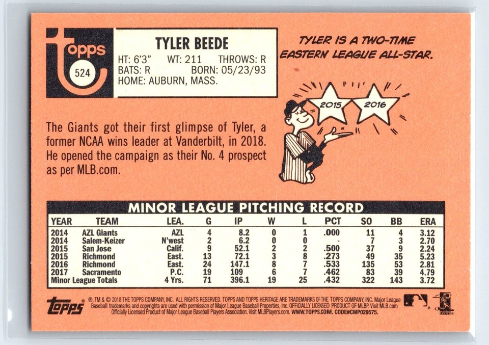 2018 Topps Heritage Tyler Beede Rookie San Francisco Giants RC #524 | eBay