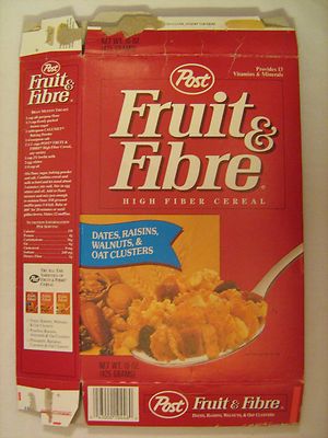 POST Cereal Box 1992 FRUIT & FIBRE Dates Raisins Walnuts Oat Clusters ...