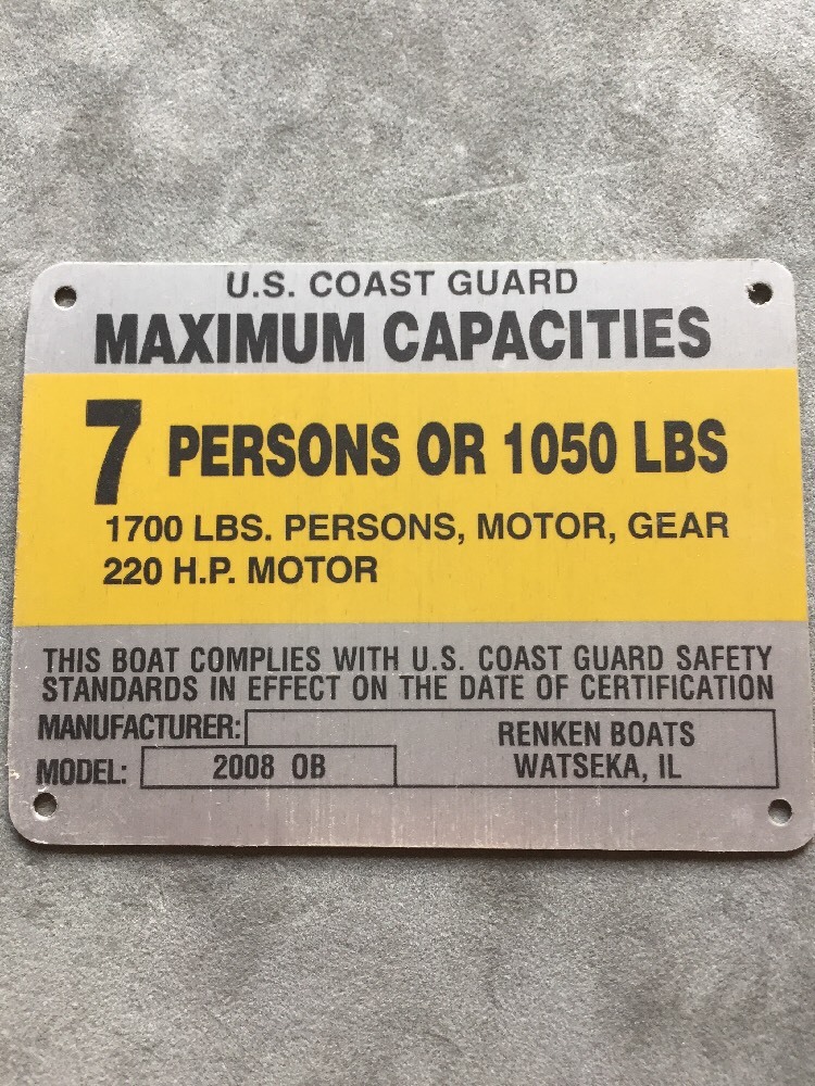 United Marine Boat Capacity Plate~Tag~7 Person or 1050 Lbs~Renken~2008 ...