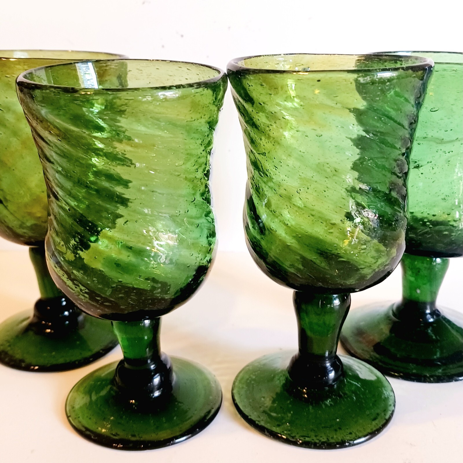 Vintage Hand Blown Mexican Glass Goblets Green Swirl Set Of 4 Cordial ...