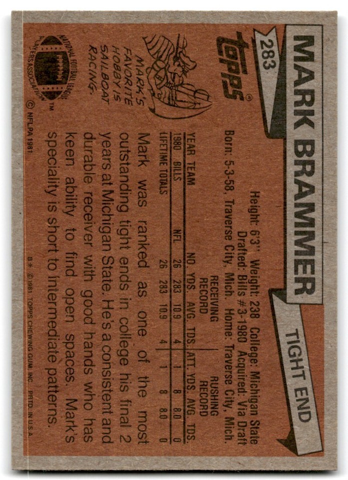 1981 Topps Mark Brammer Rookie . Buffalo Bills #283 | eBay
