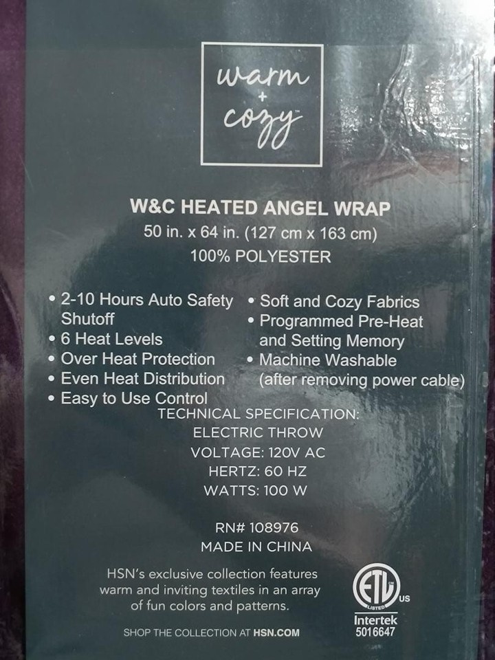 Warm & Cozy Heated Angel Wrap, 50 IN X 64 IN Purple Color | eBay