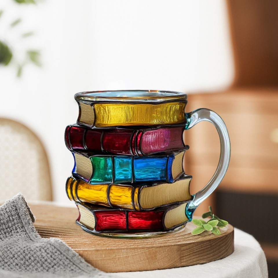 Painted Book Mug, 3D Painted Book Unique Books Stack Coffee Mug ...