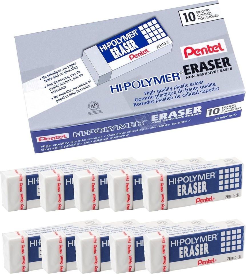 White Block Eraser Set, 10 Hi-Polymer Erasers - Tear & Smudge Resistant ...