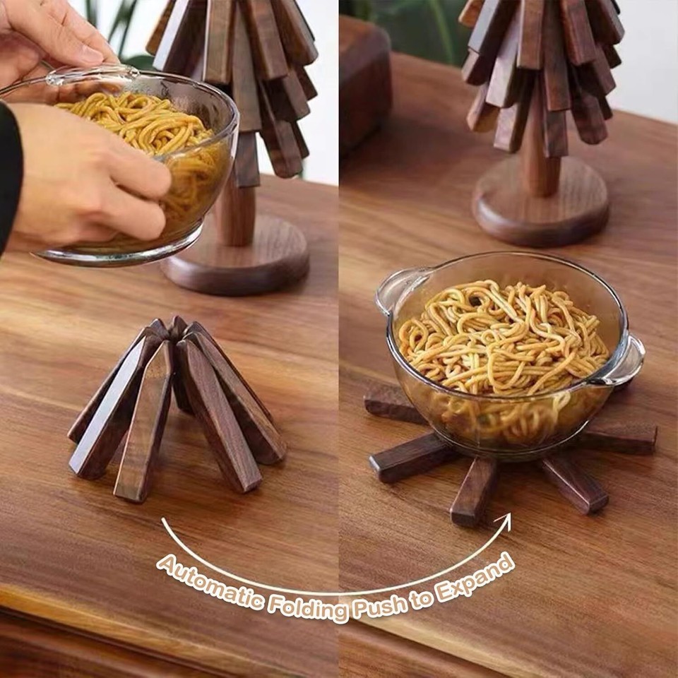 Wooden Trivet Pads Set Heat Resistant Non Slip Foldable Tree Coasters ...