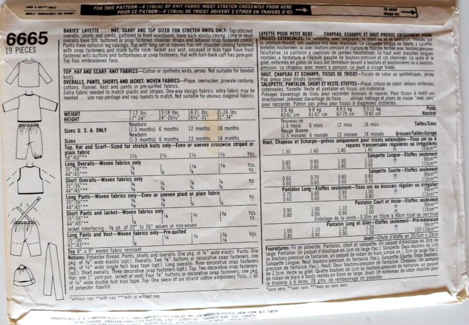 SIMPLICITY PATTERN 6665 OVERALLS PANTS VEST HAT NEWBORN 6 12 18 MONTH ...
