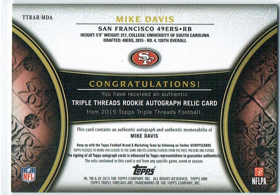 MIKE DAVIS 49ERS RC AUTO AUTOGRAPH RELIC 2015 TOPPS TRIPLE THREADS 69/ ...
