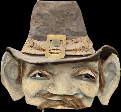 Incredible Antique Paper Mache Pilgrim Carnival Mask Halloween Prop ...