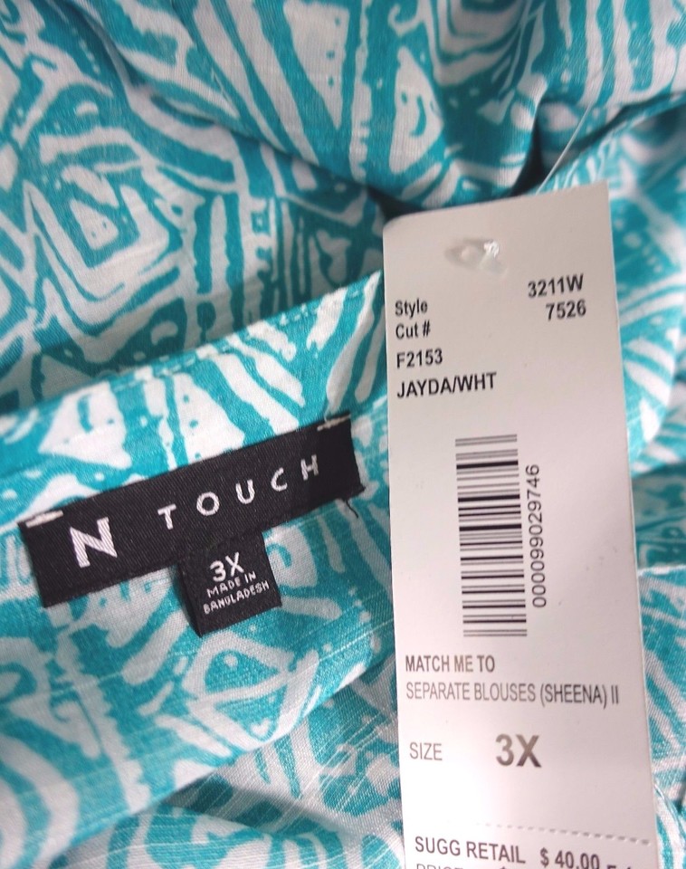 N Touch Women Plus 2x 3x Jade Teal Jayda Ivory Aztec Tunic Top Blouse ...