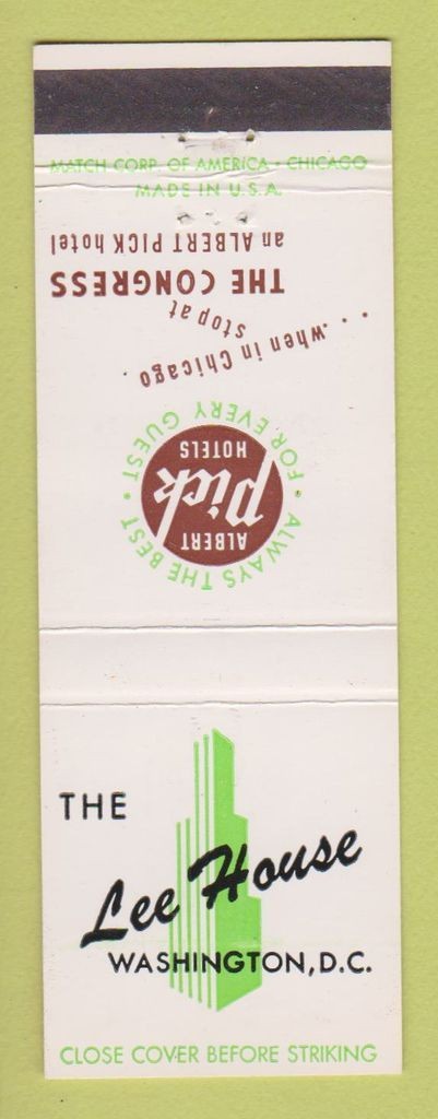 Matchbook Cover - Lee House Hotel Washington DC Albert Pick | eBay