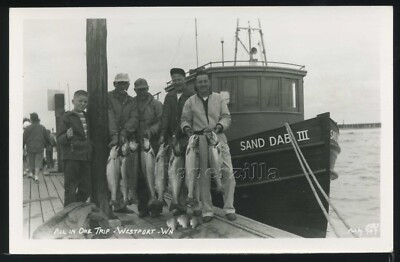 WA Westport RPPC 50's HAPPY SALMON FISHERMEN & CATCH F/V Sand Dab III ...