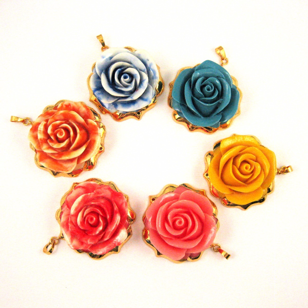 Large Rose Pendant, Natural Carved Resin Lovely Roses, Huge Gold Dipped ...