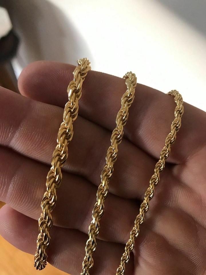 Mens 14K Gold Plated Real Solid 925 Silver Rope Chain MADE IN ITALY 20 ...