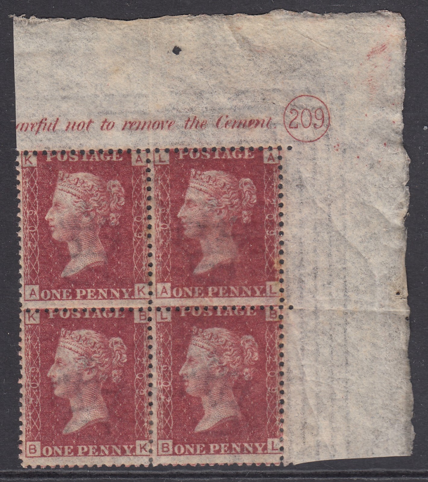 SG 43 1d rose-red plate 209 corner marginal block of 4 showing plate ...