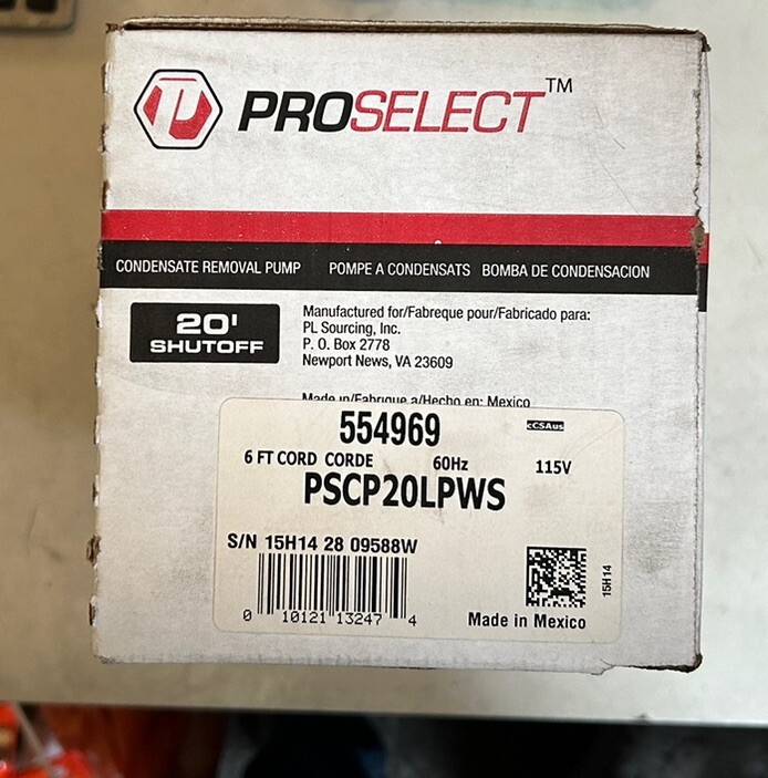Proselect condensate pump pscpv20lpws 554969 20' Shutoff 115v | eBay