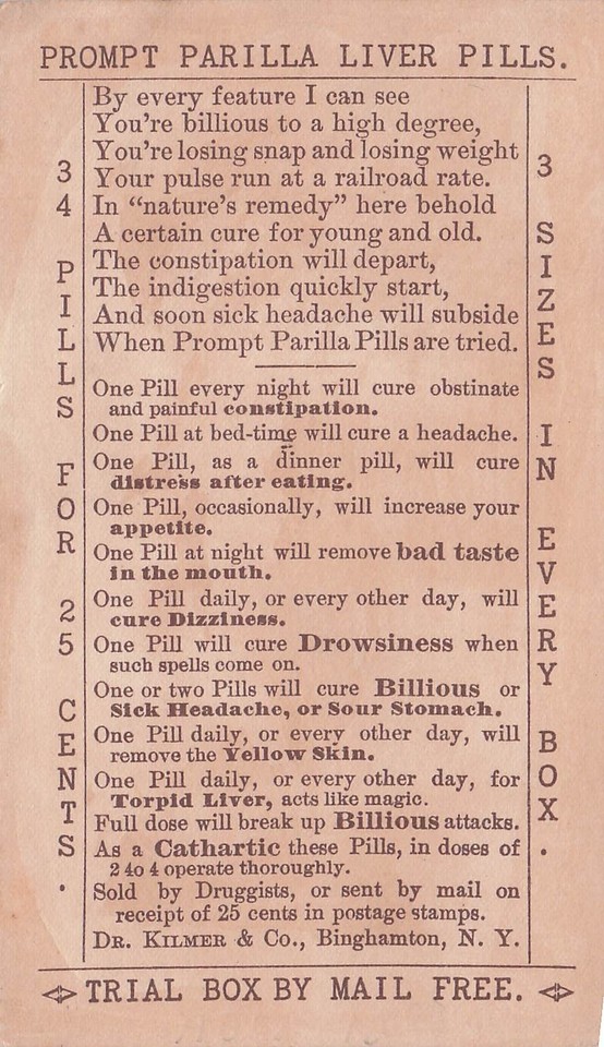 Dr. Kilmers Parilla Liver Pills Remedy Trade Card Binghamton NY "Trial ...