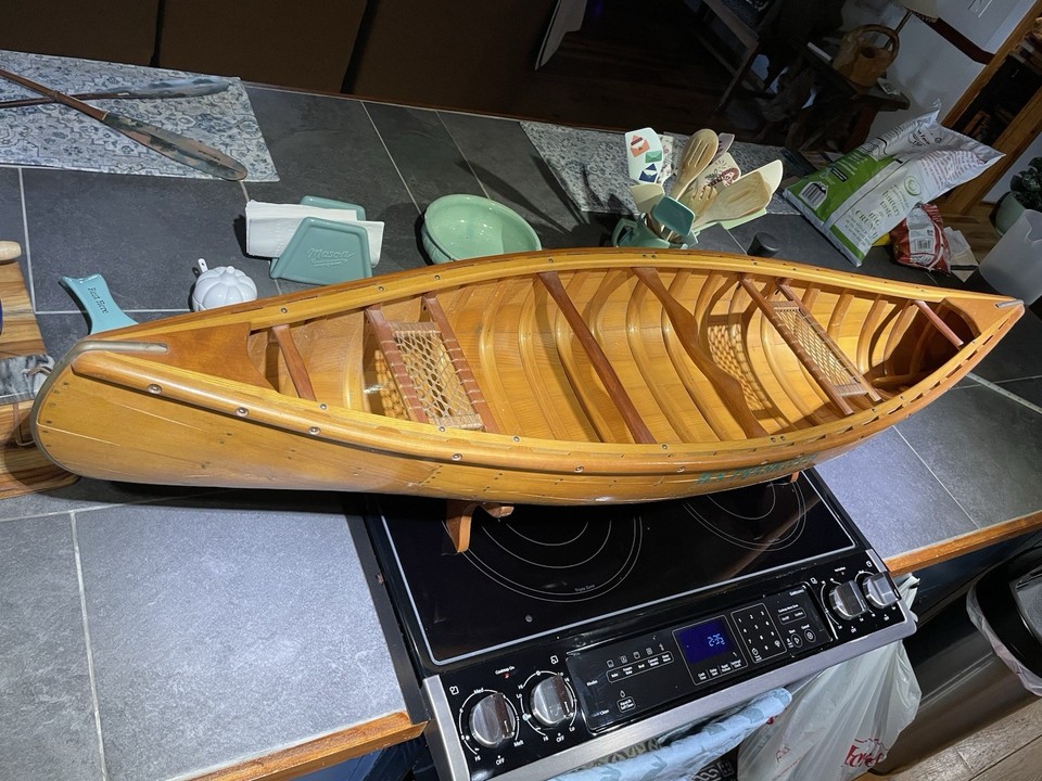 Wooden Canoe Boat Model | Handcrafted Model W/ Rattan Seats and Brass ...