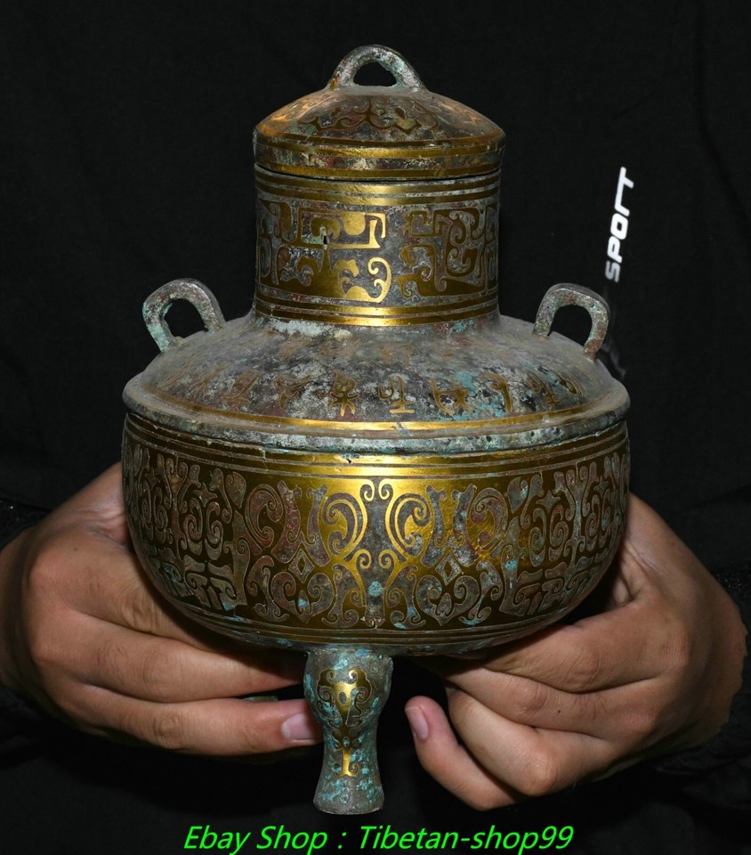 9.4"Old Dynasty Bronze Ware Gilt Inscription 3 Leg Pot Incense Burner ...