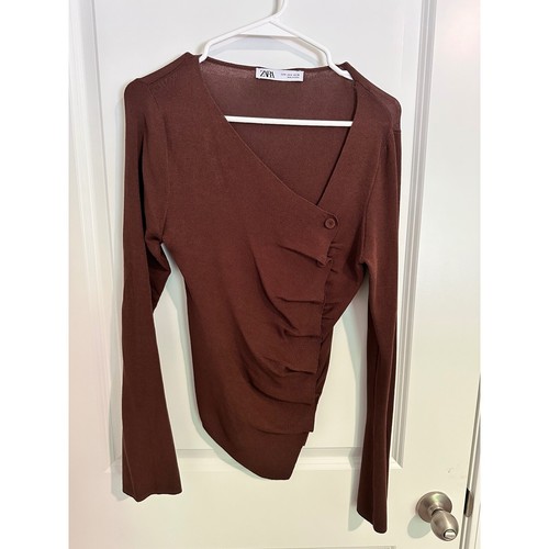 Zara Brown Wrap Top Ruched Long Sleeve V Neck Casual Blouse Size M | eBay