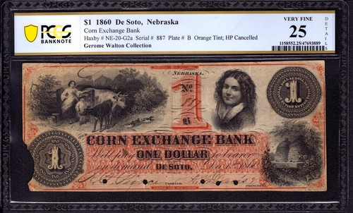 1860 $1 CORN EXCHANGE BANK DE SOTO NEBRASKA RED OBSOLETE NOTE PCGS B VF ...