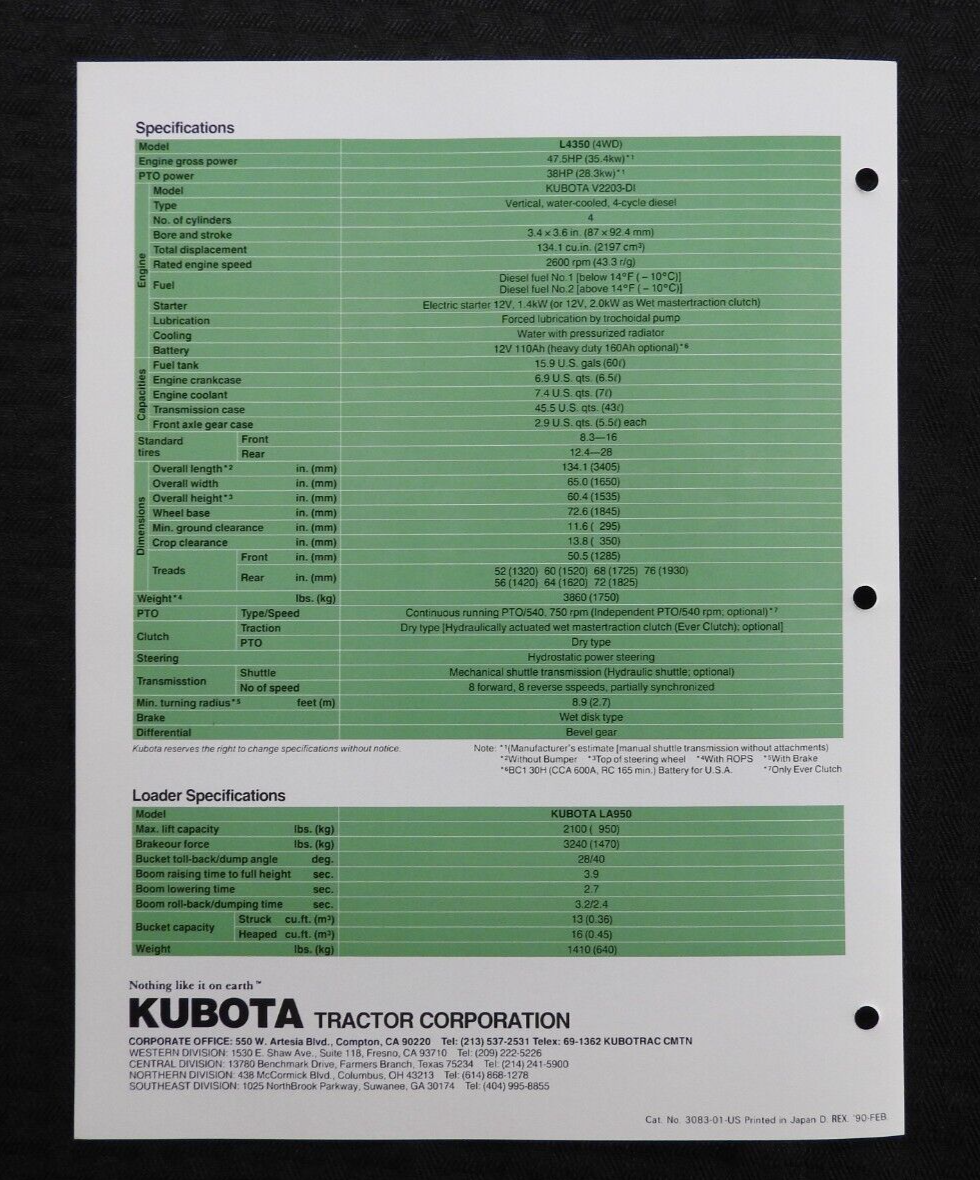 GENUINE 1990 KUBOTA L4350 DIESEL 4WD COMPACT TRACTOR CATALOG BROCHURE ...